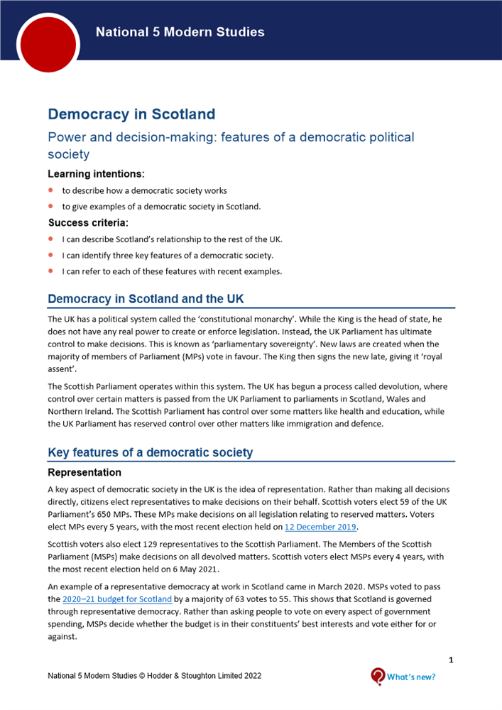 Worksheet: features of a democratic society | Boost